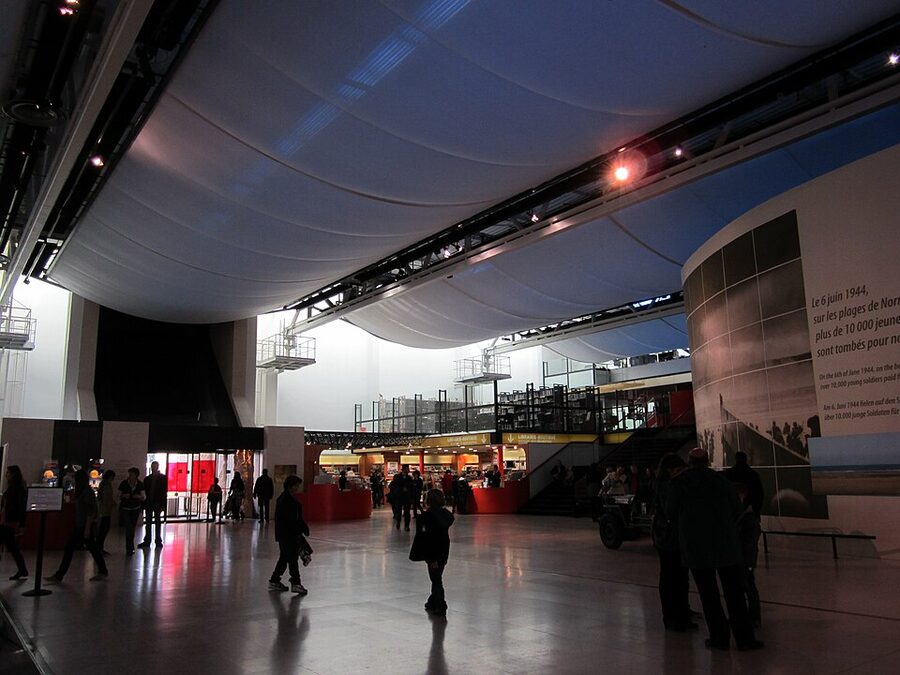 Foyer of the Memorial de Caen museum, Normandy, with the entrance and bookshop visible