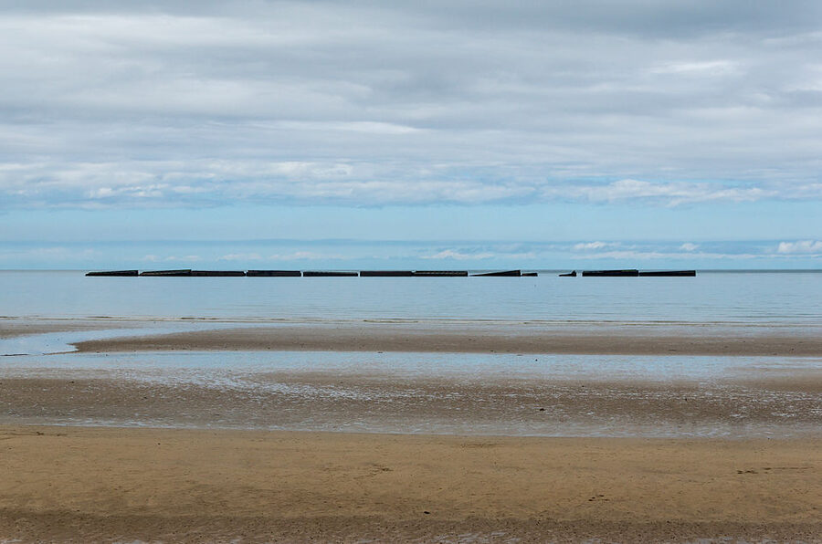 Remains of the Mulberry artificial harbour in front of Arromanches-les-Bains beach, Normandy