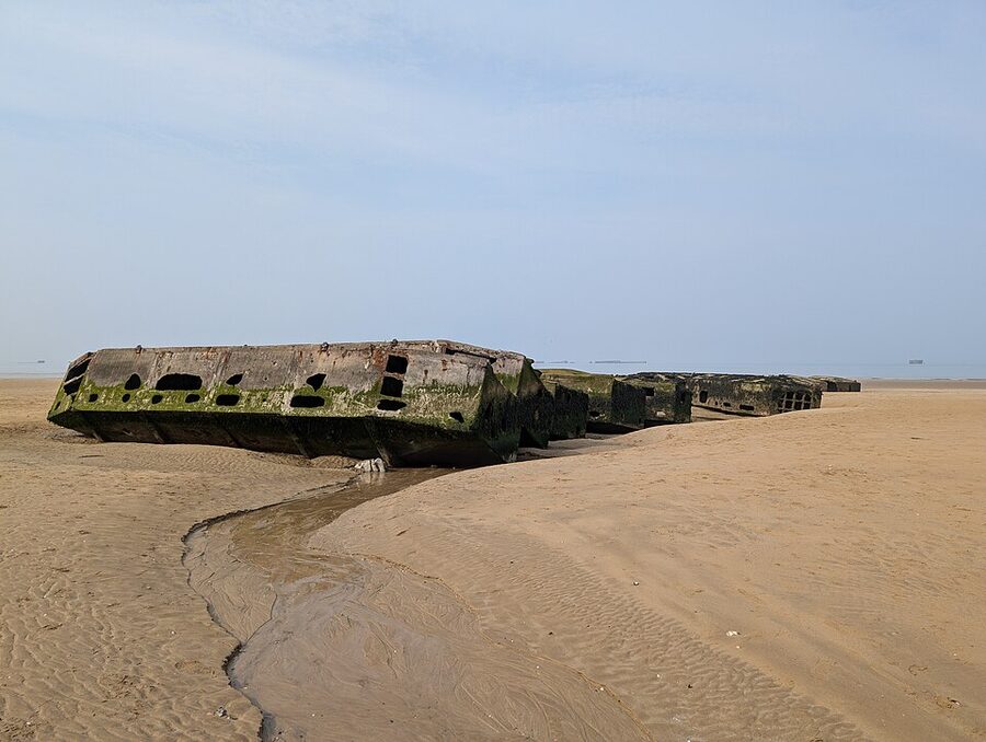 Mulberry Harbour caissons at Arromanches at low tide, March 2025