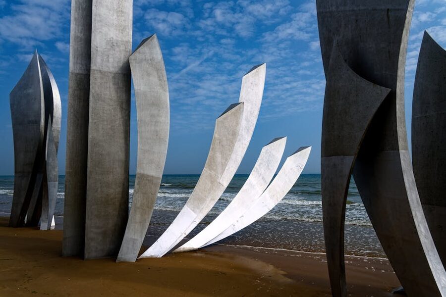 Omaha Beach Memorial sculpture at Saint-Laurent-sur-Mer with the sea behind, Normandy