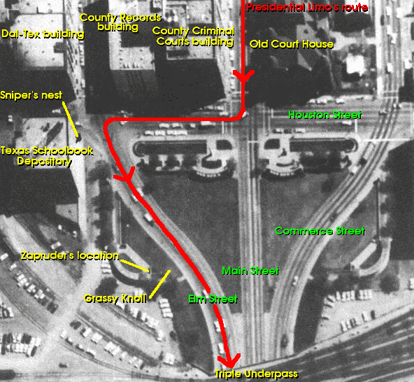 Dealey Plaza annotated diagram showing motorcade route and shot locations