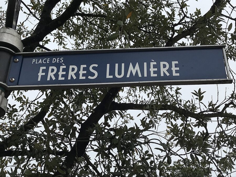 Plaque marking Place des Freres Lumiere at Disneyland Paris esplanade