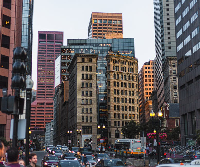 Downtown Boston street with historic and modern buildings