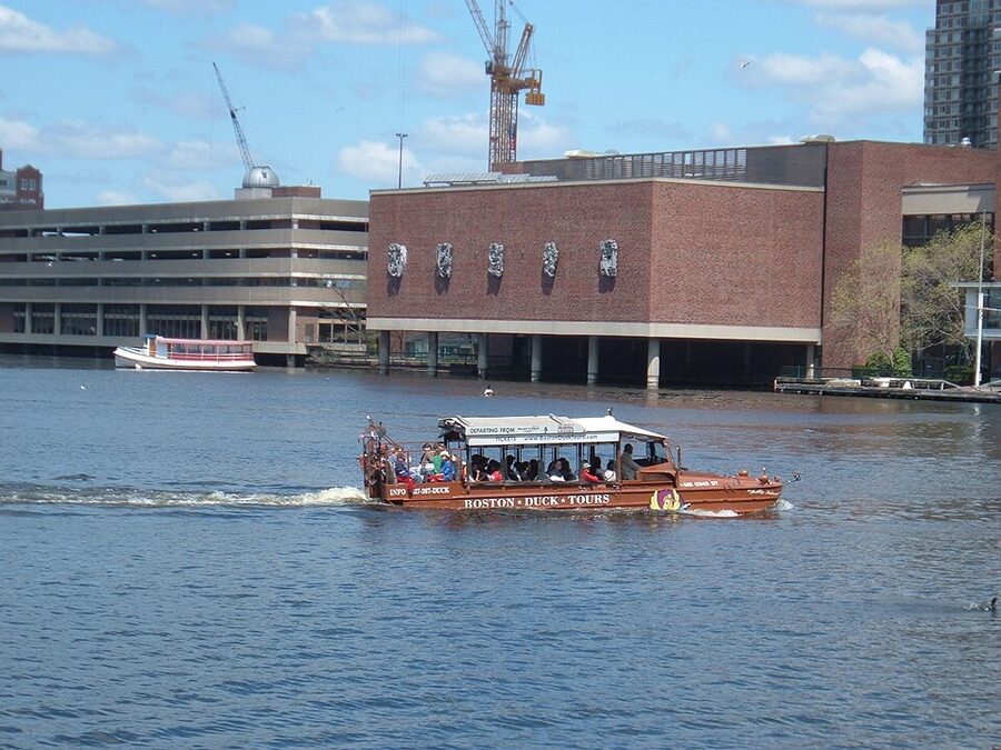 Duck boat cruising near Boston Museum of Science