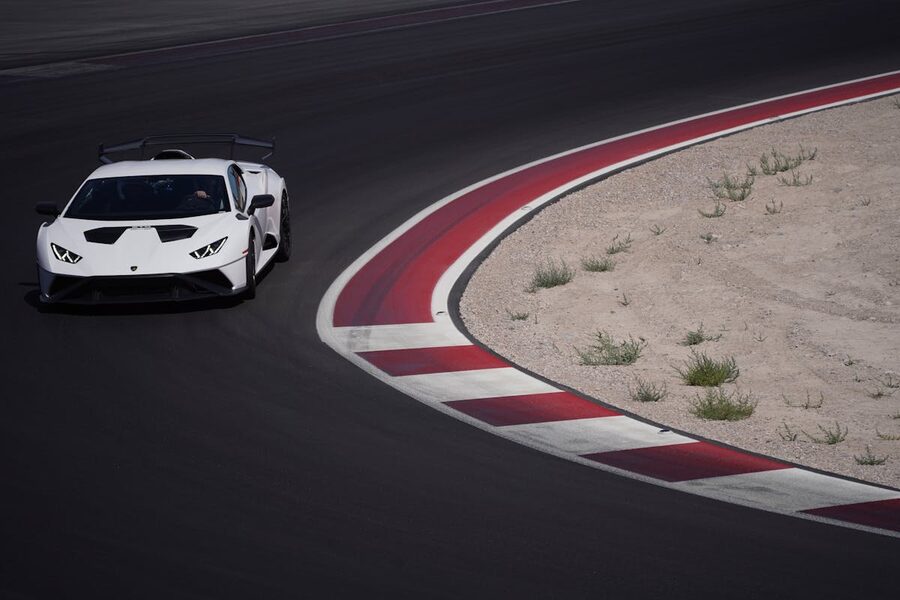 White Lamborghini Huracan speeding on Las Vegas race track