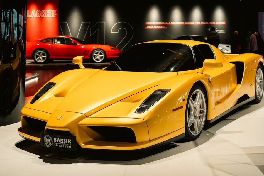 Yellow luxury sports car at auto exhibition show