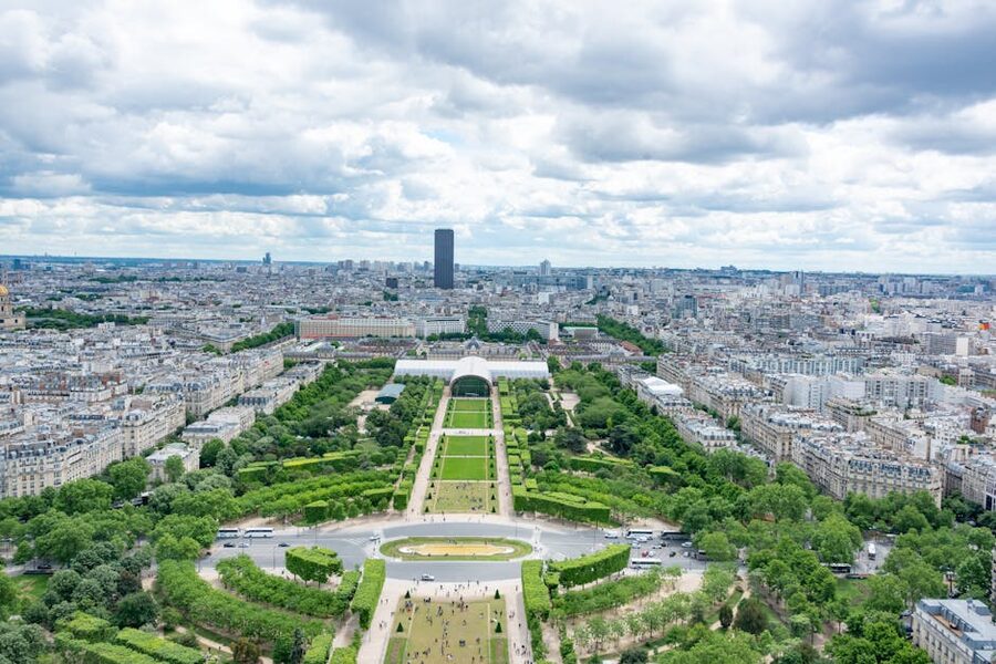 Aerial view of Champ de Mars and Paris from above