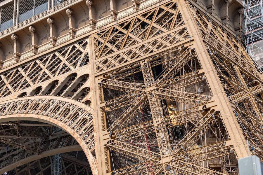 Close up of the iron lattice structure of the Eiffel Tower