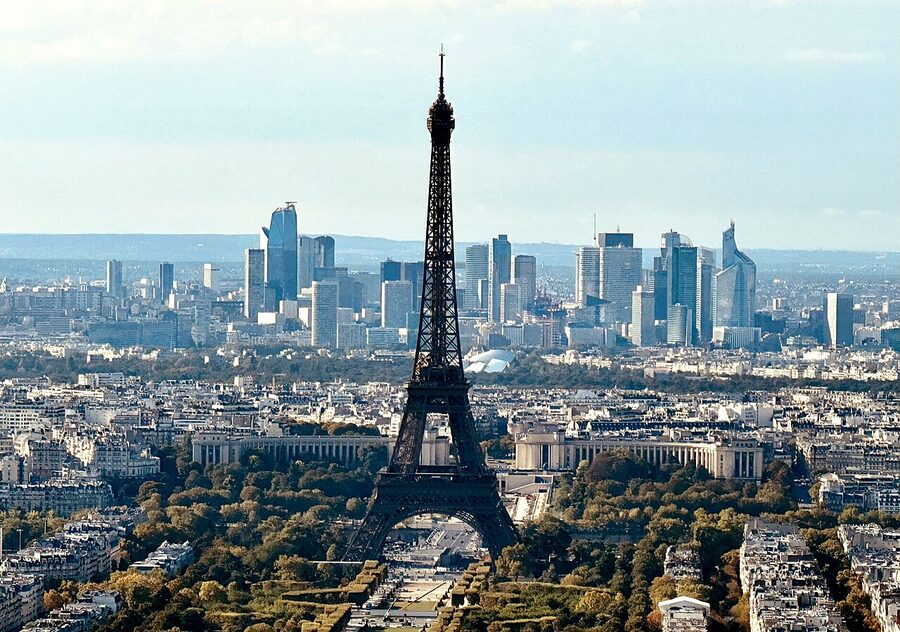 Eiffel Tower and La Defense skyline seen from Tour Montparnasse