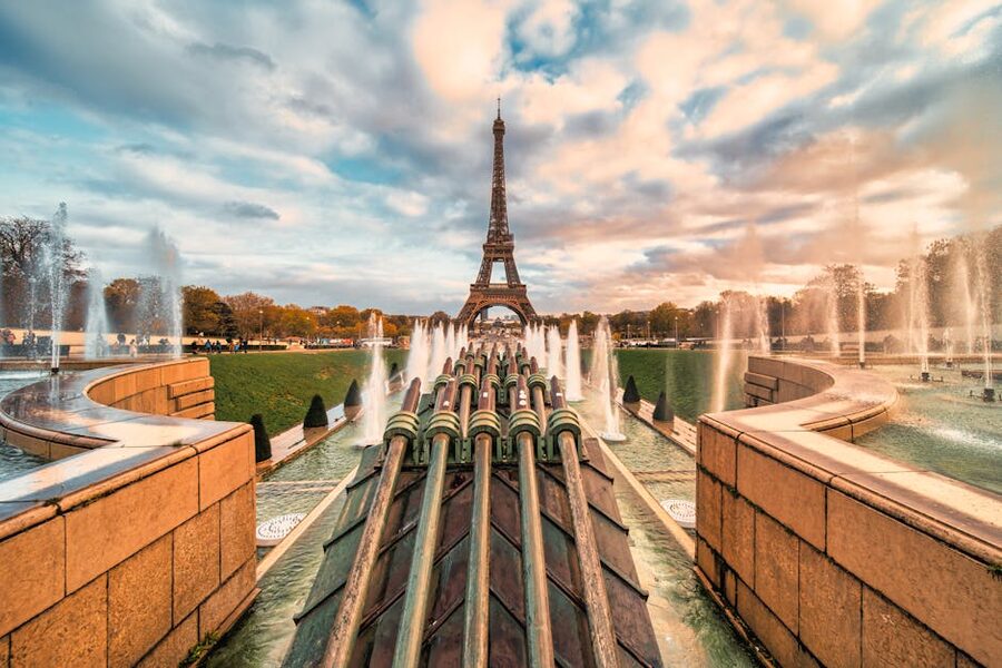 Eiffel Tower with Trocadero fountains at sunset