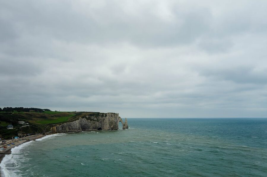 Dramatic cliffs and sea at Etretat Normandy France