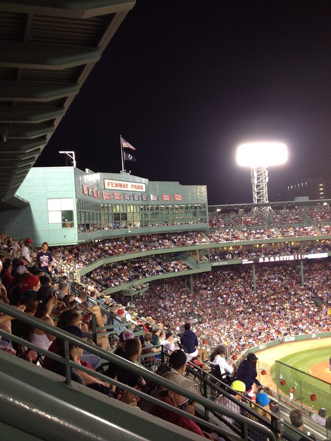 Fenway Park at night field view with lights