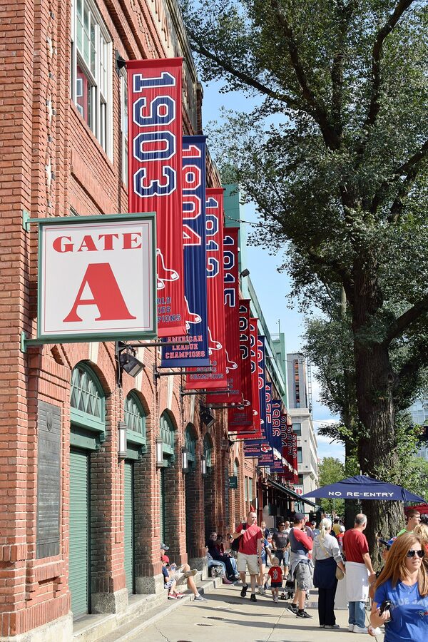 Fenway Park championship banners on facade