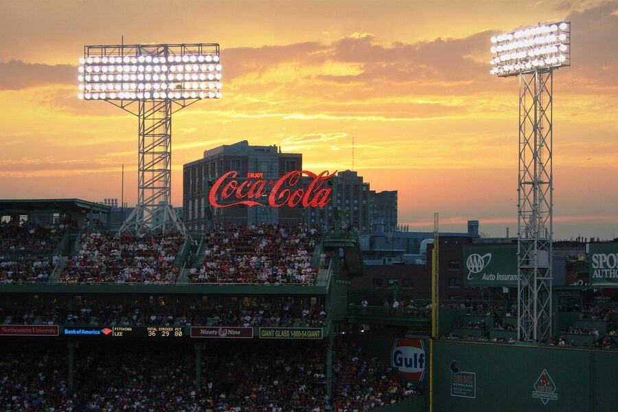 Fenway Park at sunset with flood lights Boston