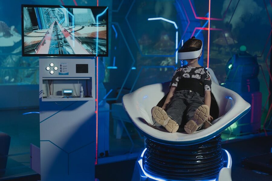 Child immersed in virtual reality game neon lights