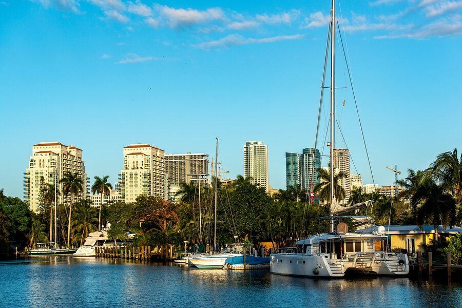 Fort Lauderdale skyline with sailboats along the waterway