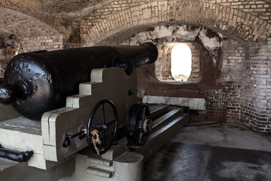A cannon at Fort Sumter pointing out across Charleston Harbor