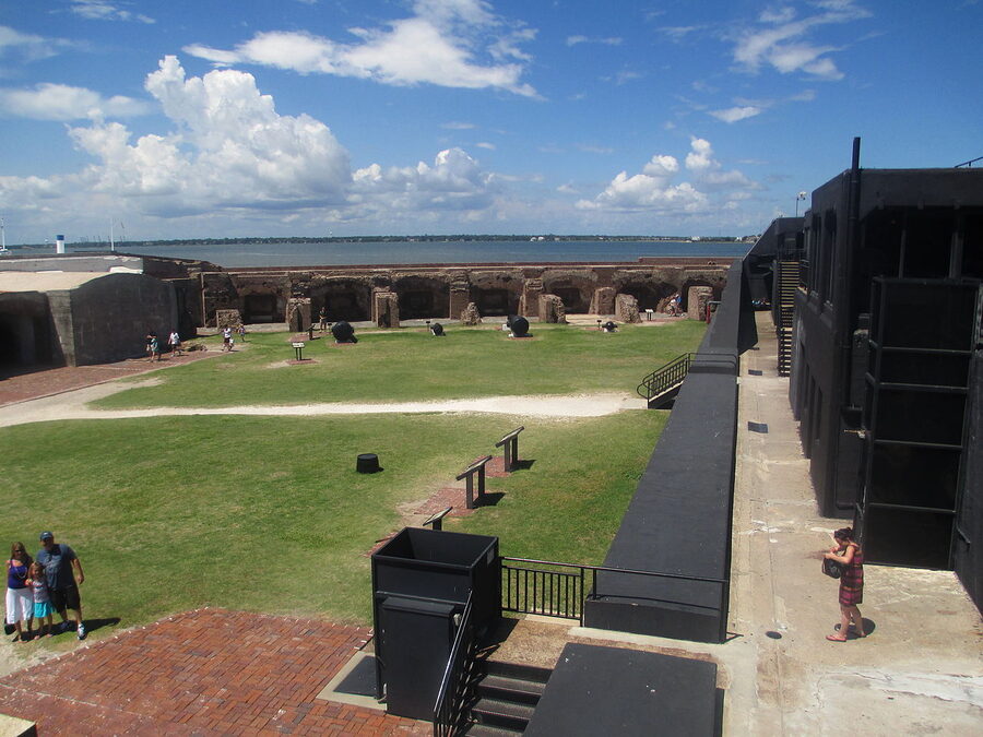 Inside Fort Sumter showing the parade ground and brick casemates