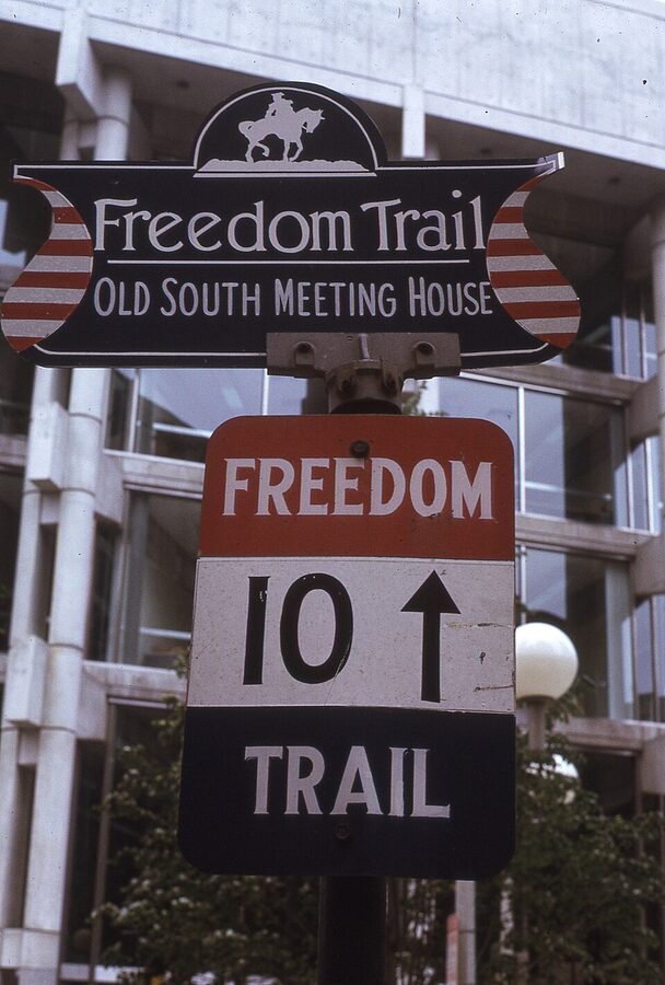 Vintage 1974 photograph of a Freedom Trail sign in Boston