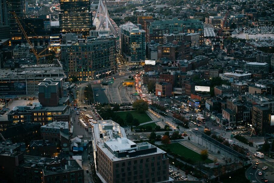 Aerial view of Boston cityscape at dusk after a Freedom Trail walking tour
