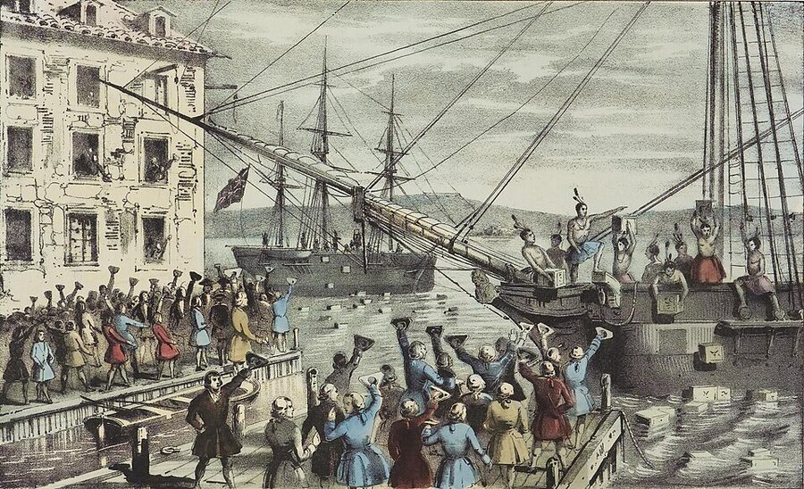 Nathaniel Currier colored lithograph of the Boston Tea Party 1773