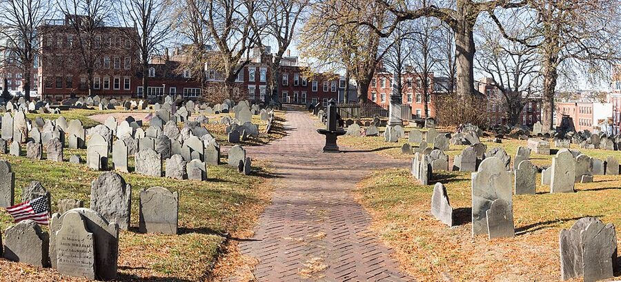 Copp's Hill Burying Ground gravestones with Boston harbor view