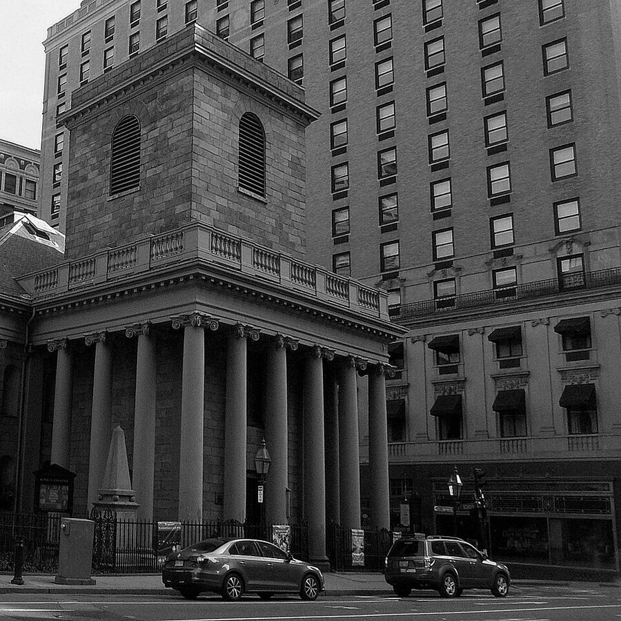 King's Chapel stone portico on Tremont Street Boston