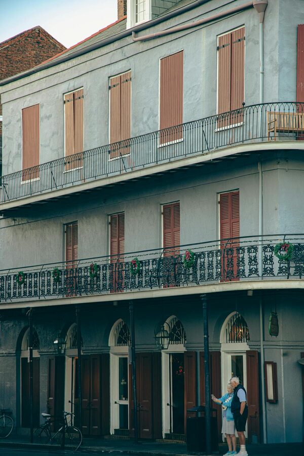 Historic architecture with wrought iron balconies in New Orleans French Quarter
