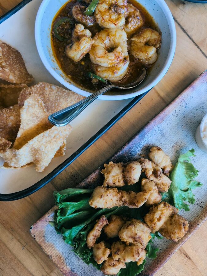Southern fried shrimp seafood platter with accompaniments