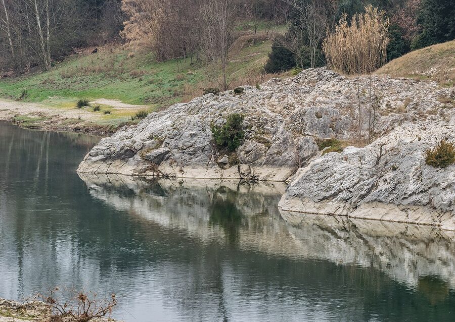Gardon riverbank near Pont du Gard with pebble beach Provence
