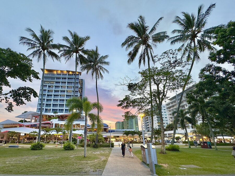 Cairns Esplanade at twilight looking towards the marina