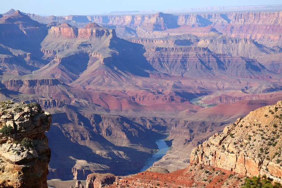 Panoramic view of Grand Canyon from South Rim showing vast layered canyon