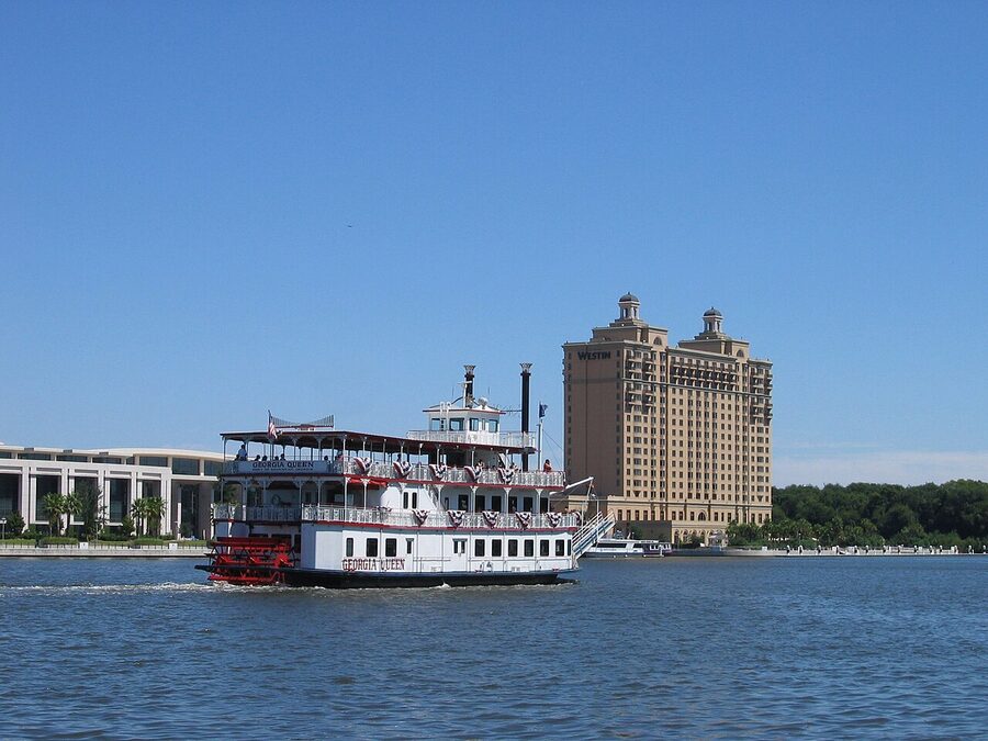 Georgia Queen riverboat cruising past Hutchinson Island on the Savannah River