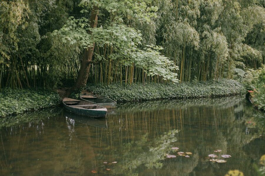 Tranquil pond with boats Giverny France