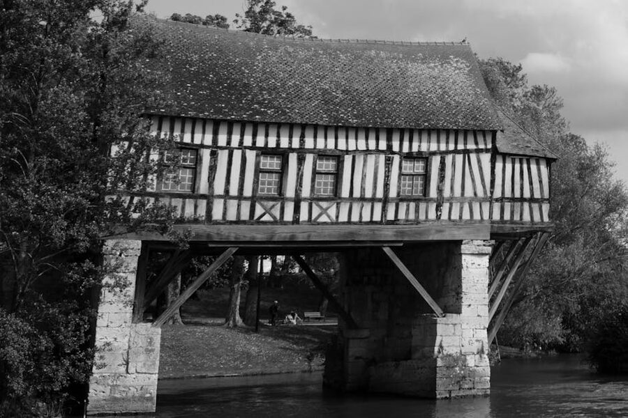 Old wooden house on the bridge over the Seine in Vernon France