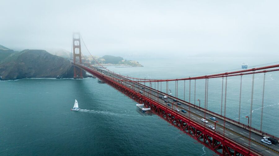 Aerial view of the Golden Gate Bridge shrouded in mist