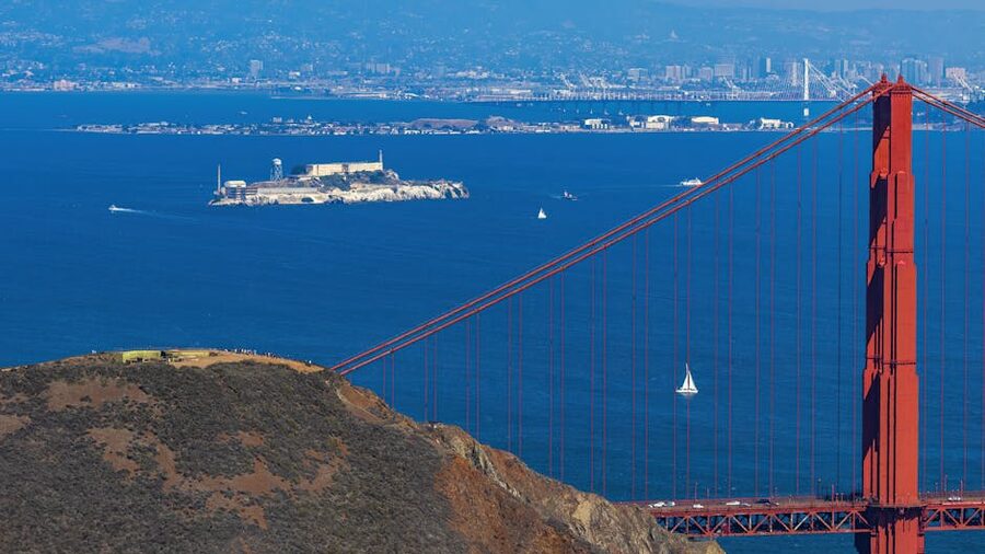 Golden Gate Bridge and Alcatraz Island from a boat on San Francisco Bay