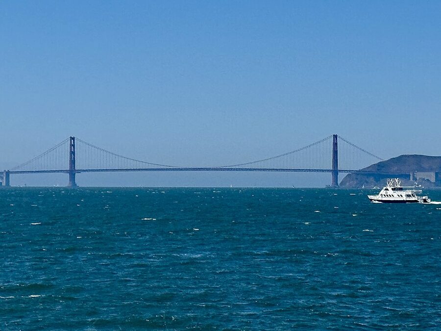 Golden Gate Bridge viewed from a San Francisco ferry deck