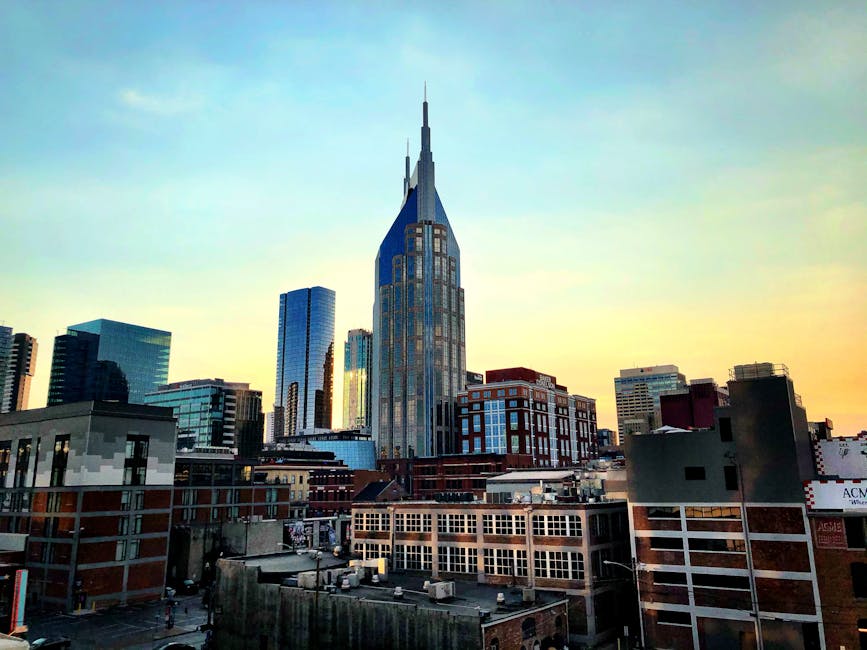 Nashville AT&T Building skyline at sunset