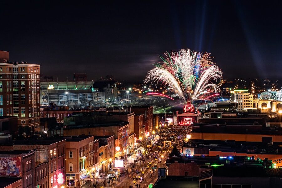 Nashville fireworks on New Years Eve over downtown