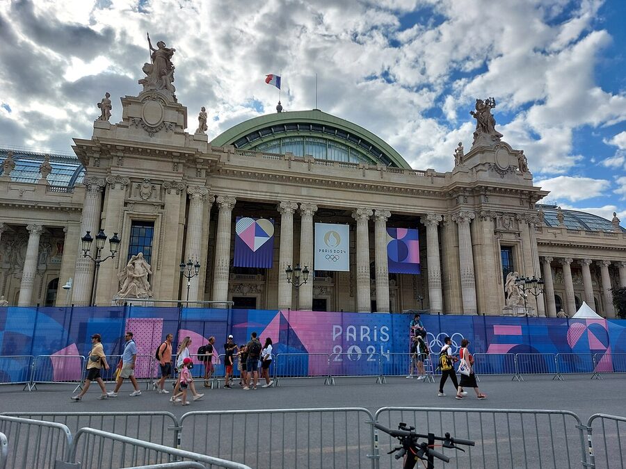 Grand Palais Paris dressed as a 2024 Olympics venue with banners and security perimeter