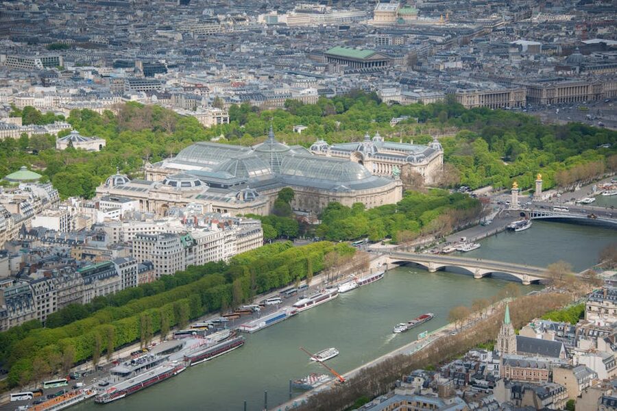 Aerial view of the Grand Palais Paris with the Seine and Pont Alexandre III