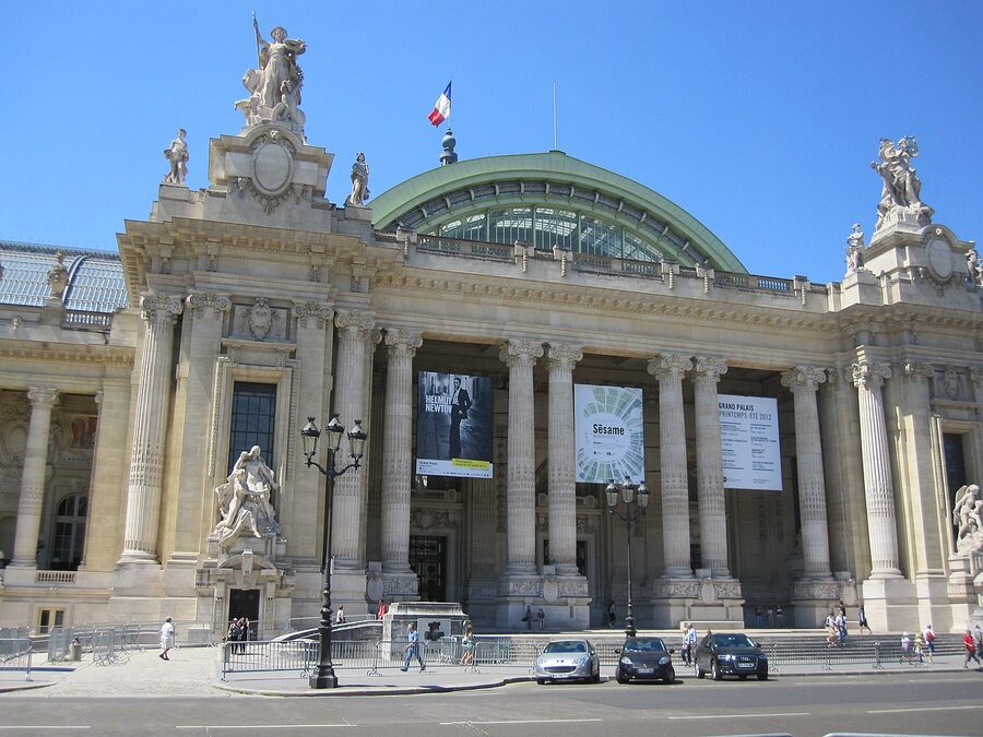 Grand Palais Paris entrance facade with stone columns and signage