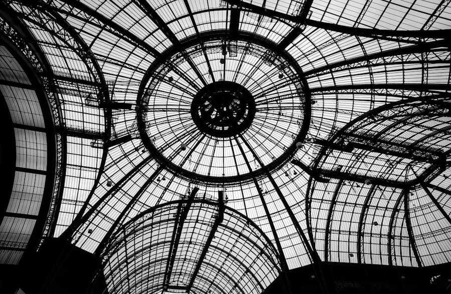 Grand Palais Paris glass ceiling structure in black and white from below