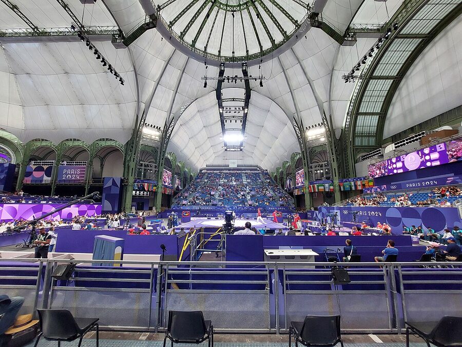 Grand Palais Paris interior with the new floor and renovated structure during the 2024 Olympics