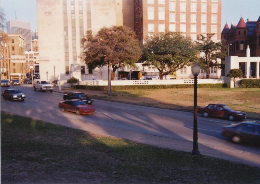 View from behind the grassy knoll picket fence at Dealey Plaza
