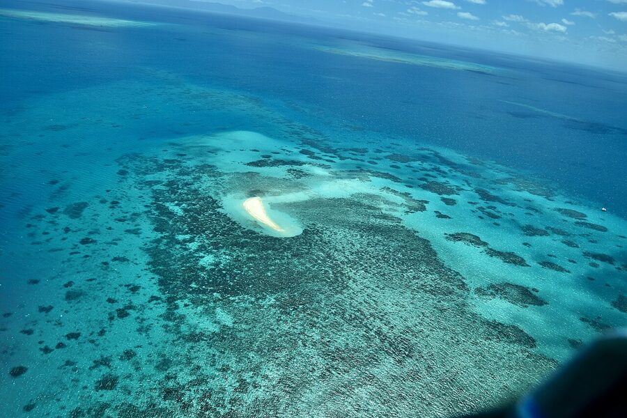 Aerial view of Great Barrier Reef coral bommies and channels
