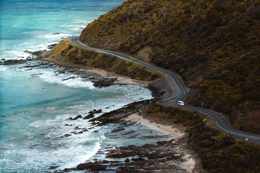 Aerial view of the Great Ocean Road coastline near Lorne, Victoria