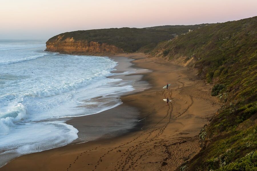 Surfers at Bells Beach during sunrise Victoria Australia
