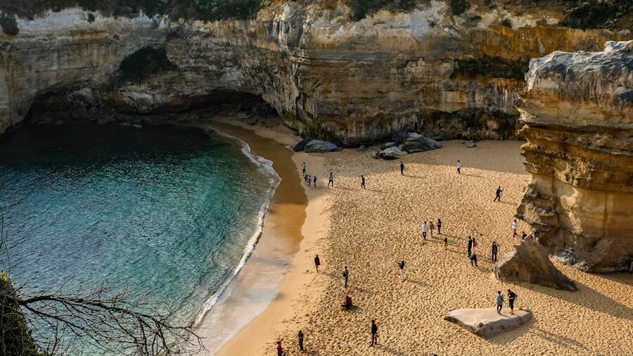 Aerial view of Loch Ard Gorge sandy beach Port Campbell National Park
